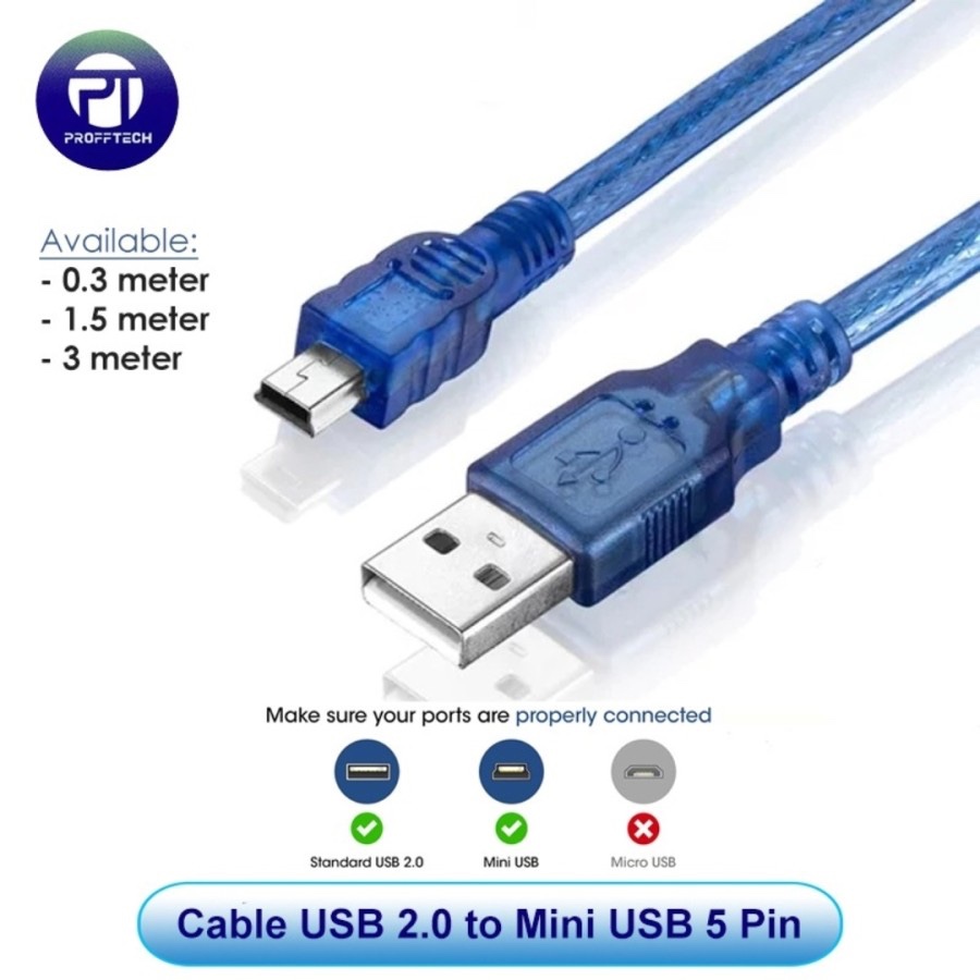 Jual Kabel USB to Mini USB, USB 5 Pin, 30cm ProffTech Original 100% ...
