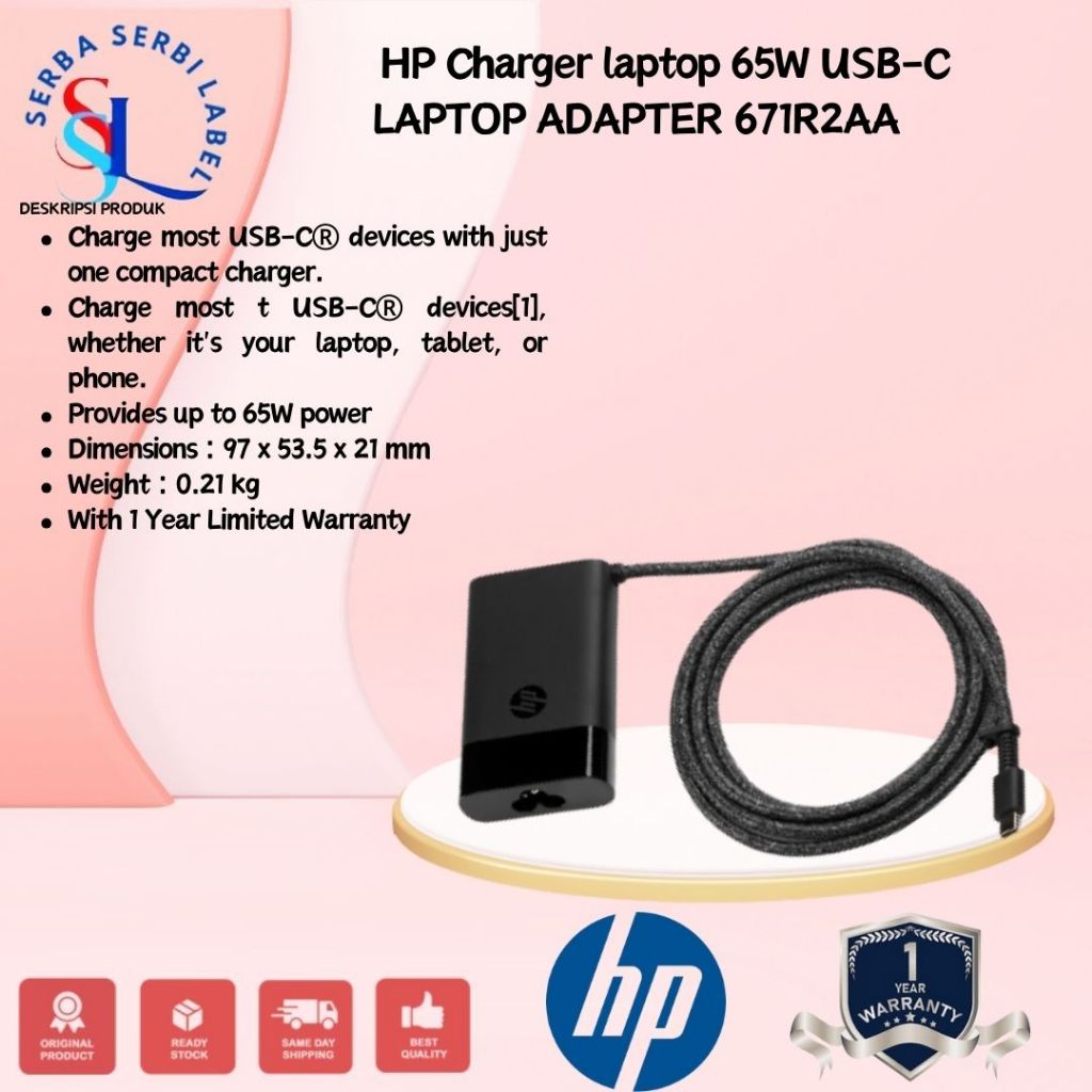 Jual Charger laptop HP 65W USB-C LAPTOP ADAPTER 671R2AA | Shopee Indonesia