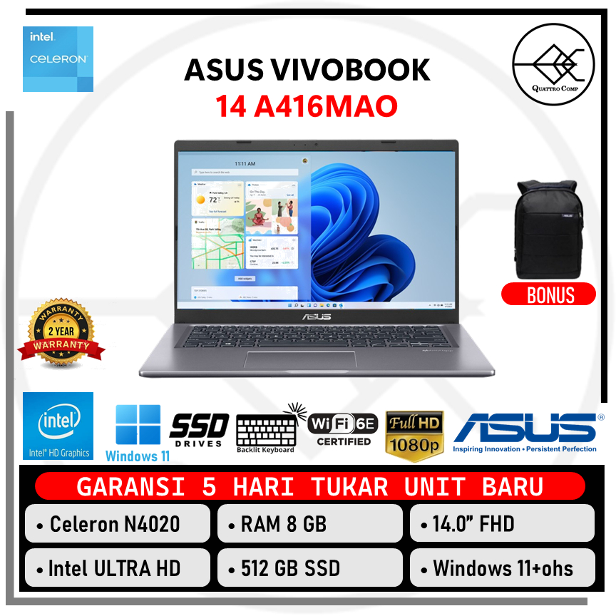 Jual ASUS VivoBook 14 A416MAO Celeron N4020 8GB 512SSD 14.0"FHD Win11 ...