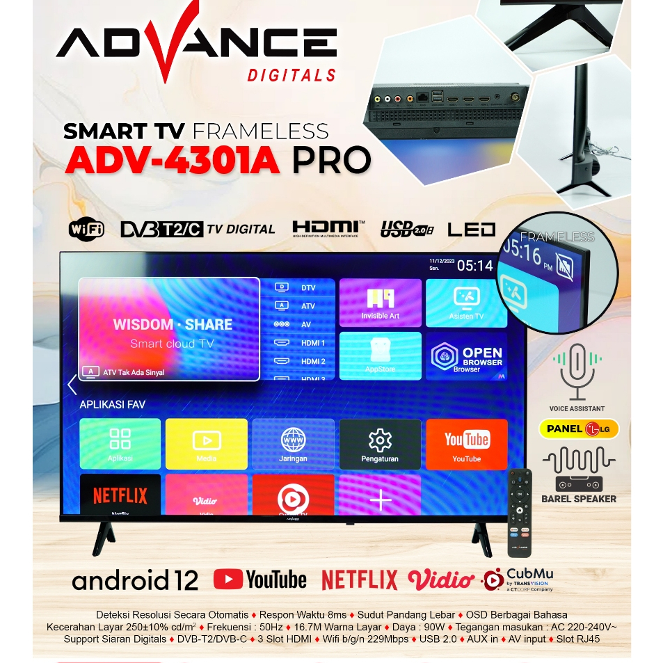 Jual [FREE PACKING KAYU] Advance ADV-4301A PRO Smart Televisi Frameless ...