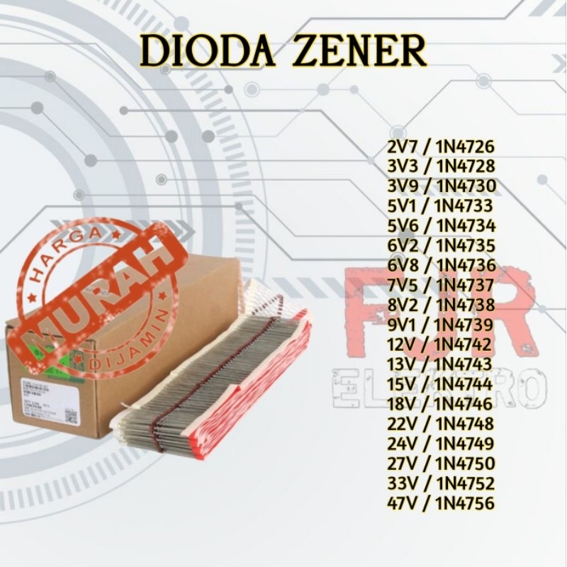 Jual dioda zener 1 watt 2V7 3V3 3V9 5V1 5V6 6V2 6V8 7V5 8V2 9V1 12V 13V 15V 18V 22V 24V 27V 33V ...