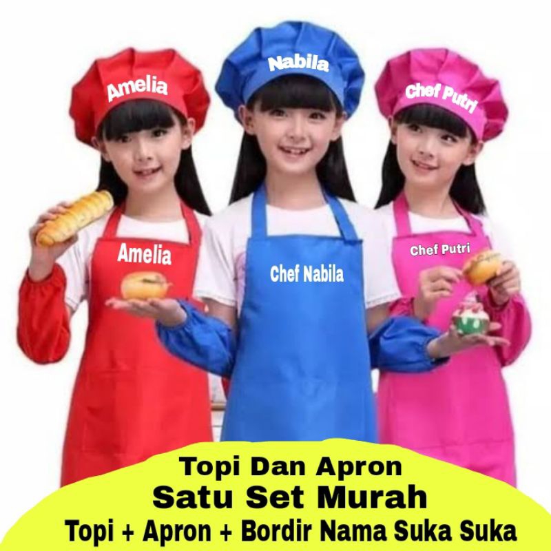 Jual topi koki anak/topi chef anak plus celemek + Bordir Nama/apron ...