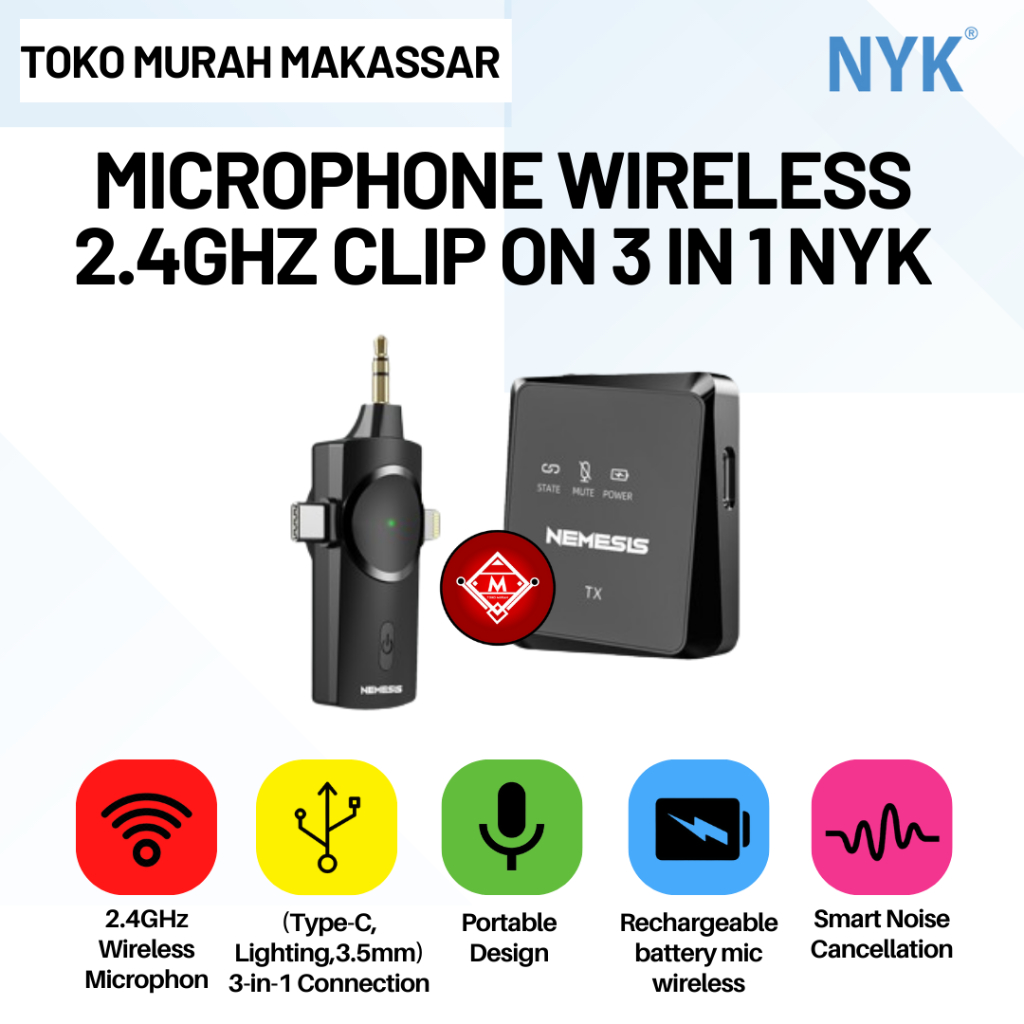 Jual Microphone Wireless 2.4GHz Clip On 3 in 1 NYK / NYK-MIC04 | Shopee Indonesia