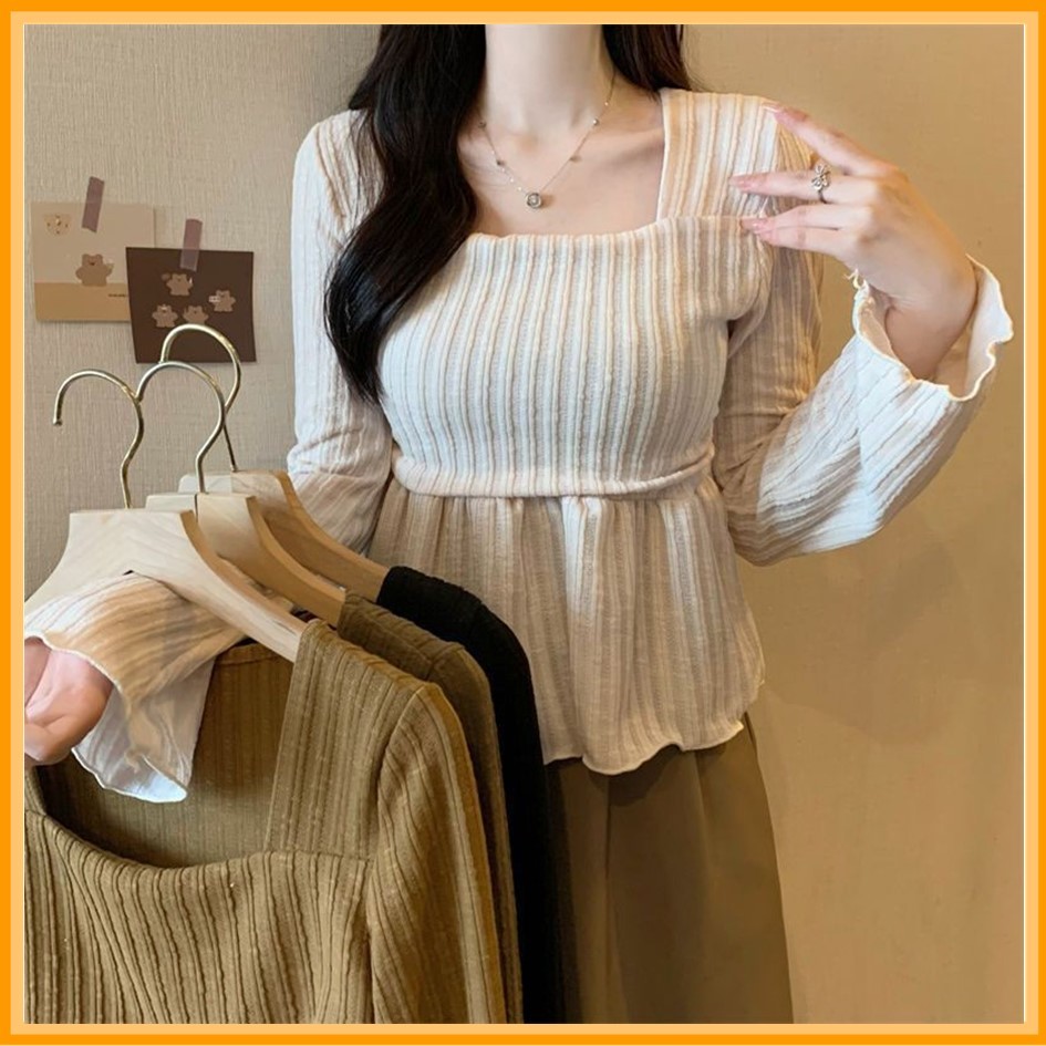 Jual AJW Atasan Wanita Korean Style Lengan Terompet XDC | Blouse Wanita Knit Lengan Trompet ...