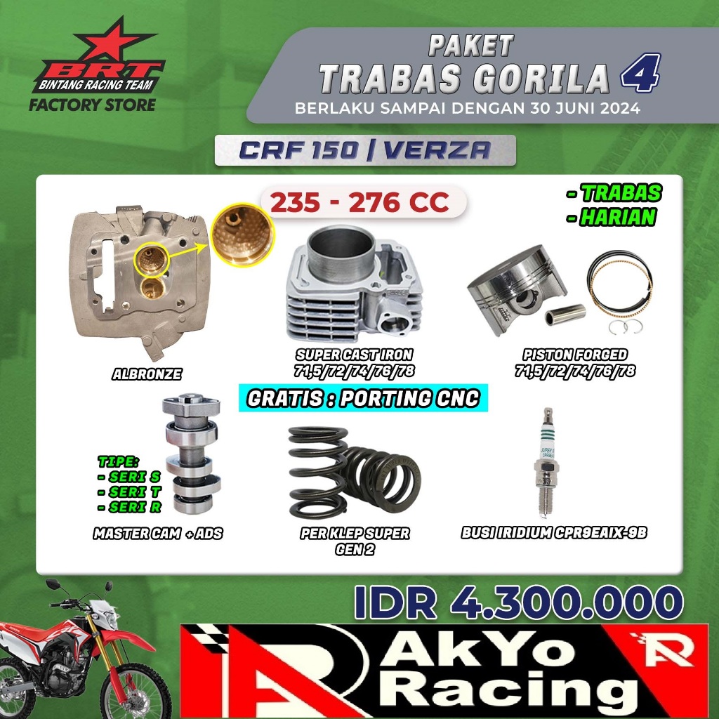 Jual PAKET TRABAS GORILA 4 BRT PAKET BORE UP 235CC - 276CC CRF 150 / VERZA | Shopee Indonesia