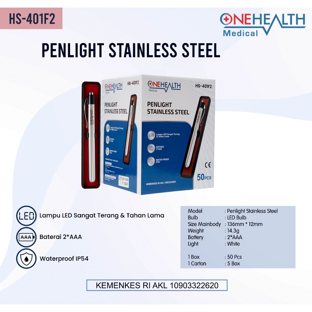 Jual Onehealth Penlight LED Stainless Steel Sinar Putih / Pen Senter ...