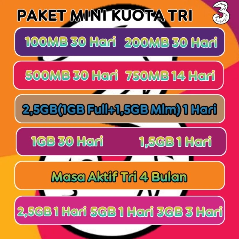 Jual Kuota Tri Mini 100MB 200MB 500MB 30Hari | Shopee Indonesia