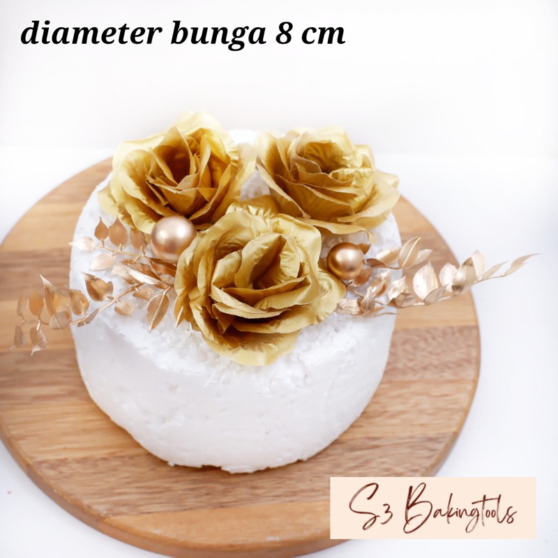 Jual Cake topper artificial flower hiasan kue mawar gold set | Shopee ...