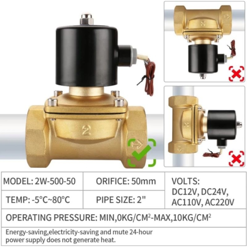 Jual SOLENOID VALVE 2 INCH BRASS KUNINGAN AC 110-220 VOLT 2W-500-50 | Shopee Indonesia