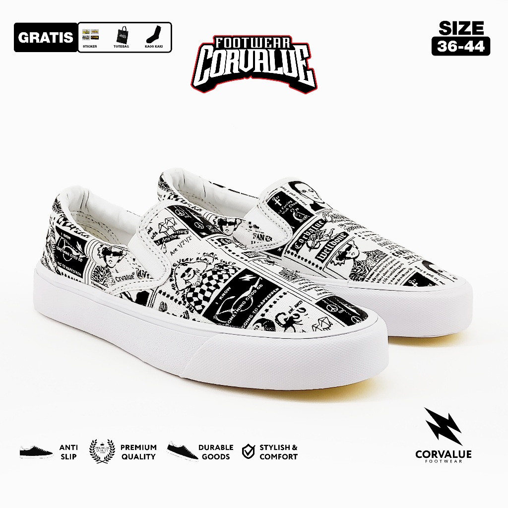 Jual CORVALUE - Sepatu Slip-on Motif Koran White | Sepatu Pria Wanita ...