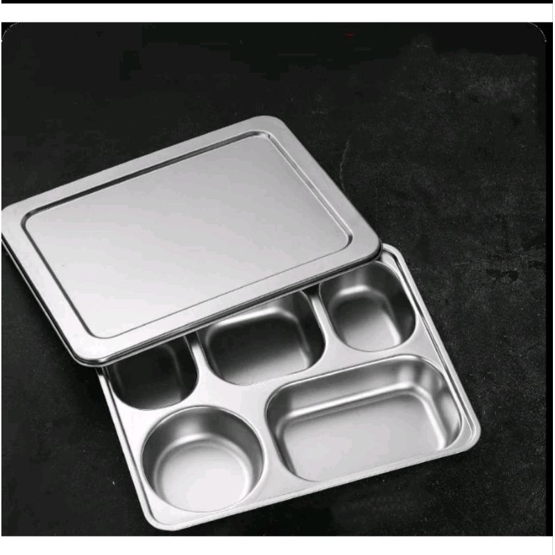 Jual piring makan stainless sekat 5 + tutup stainless TEBAL / lunch box ...