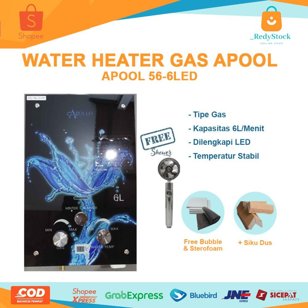 Jual APOLLO WATER HEATER KAACA GAS 56 6LED | Shopee Indonesia