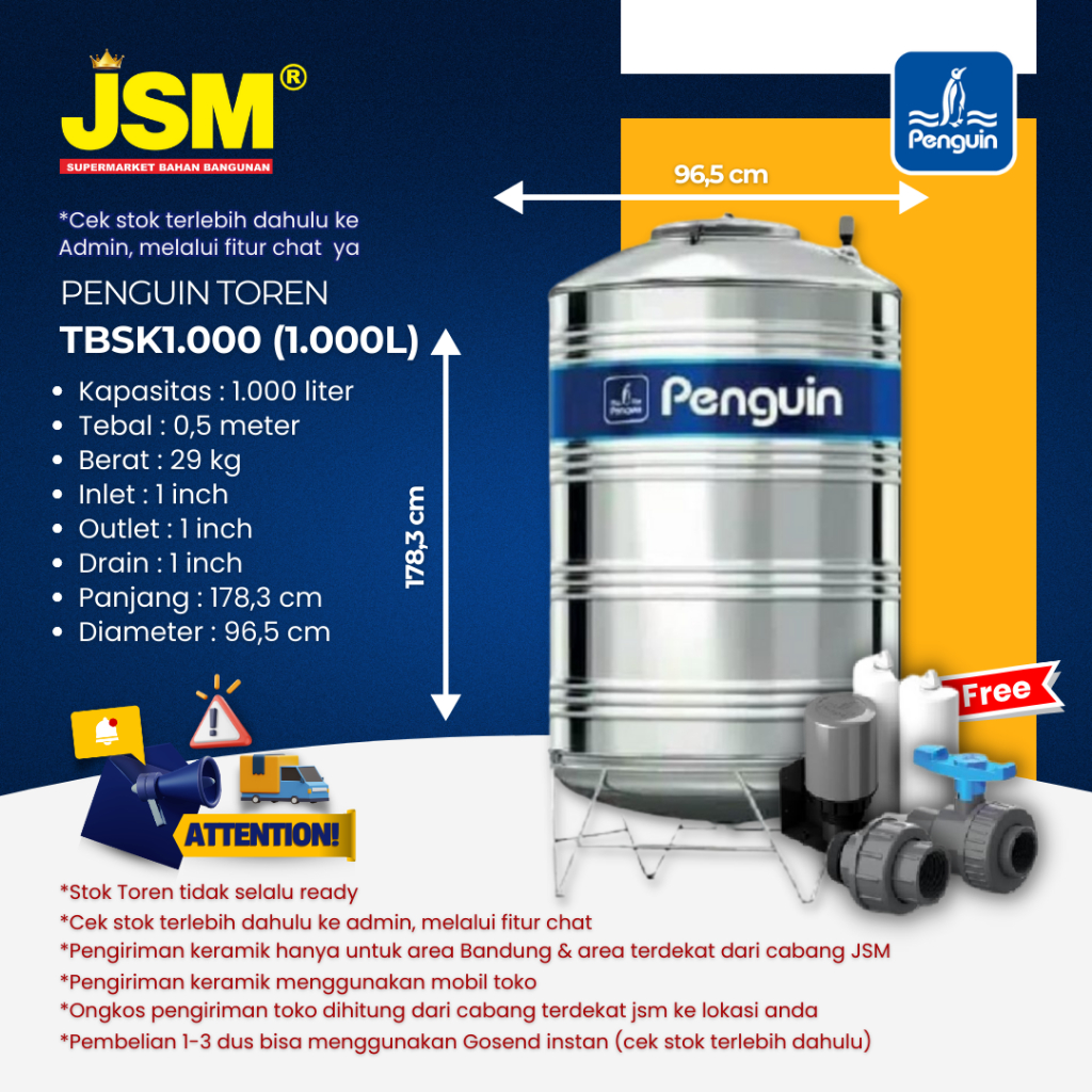 Jual PENGUIN TOREN TANGKI AIR STAINLESS TBSK1000 1000 LITER - JSM ...