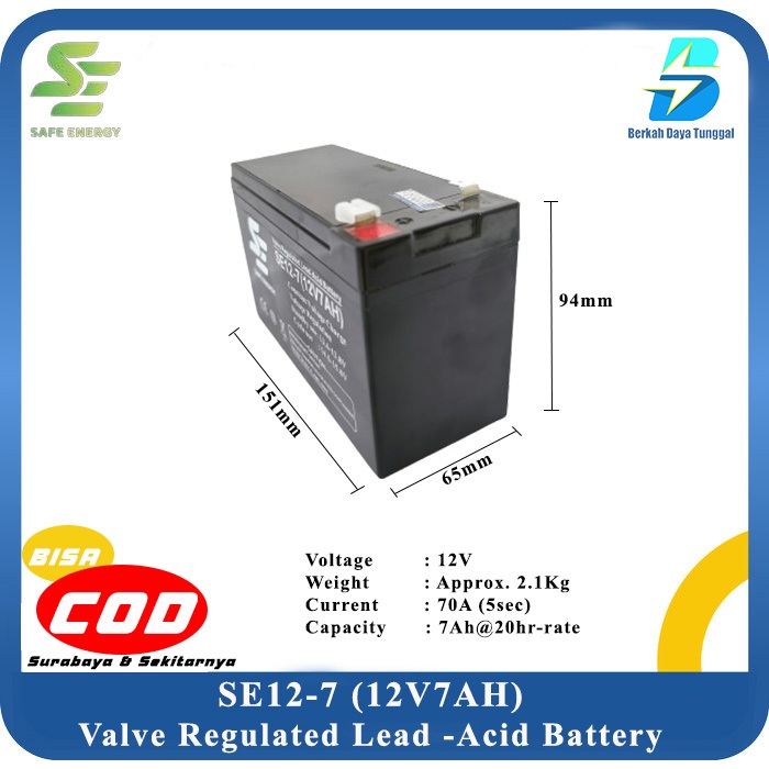 Jual Battery VRLA merk safe energy/type SE12-7/12V 7.0Ah/battery industri/Baterai vrla 12V 7.0ah ...