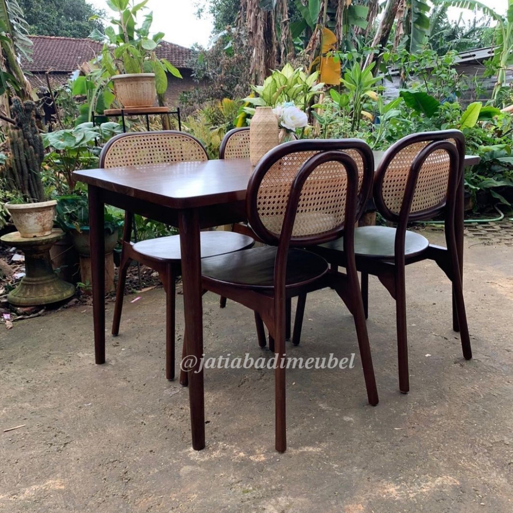 Jual Dining Set Meja Makan Kursi Makan Minimalis Kayu Jati Sandaran Rotan | Shopee Indonesia