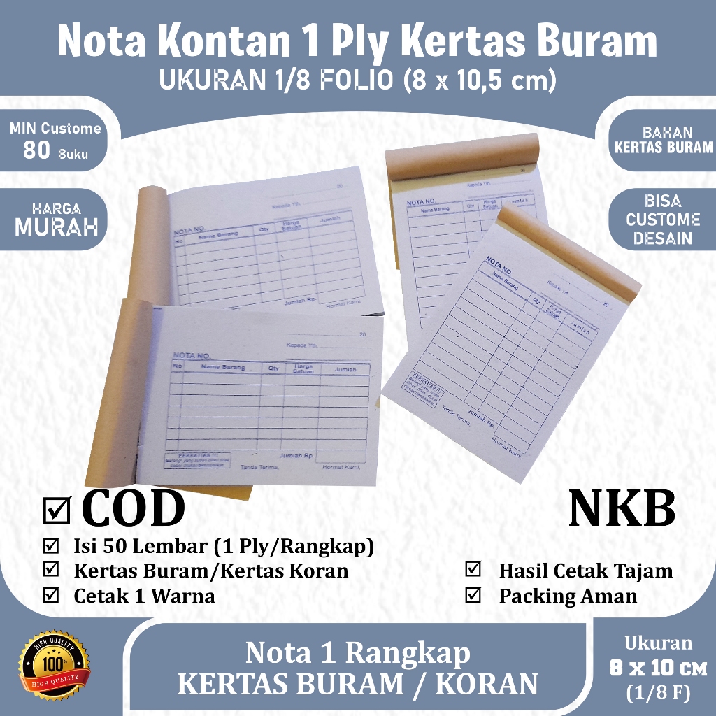 Jual Nota Kontan 1/8 folio 1 ply bahan kertas buram/ kertas 1 Ply Bahan ...