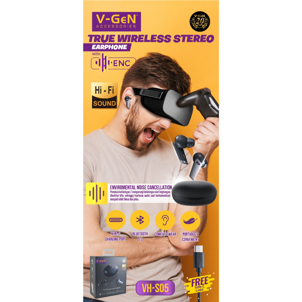 Jual Earphone V-GeN TWS VH-S05 Wireless ENC Type C Bluetooth 5.3 | Shopee Indonesia