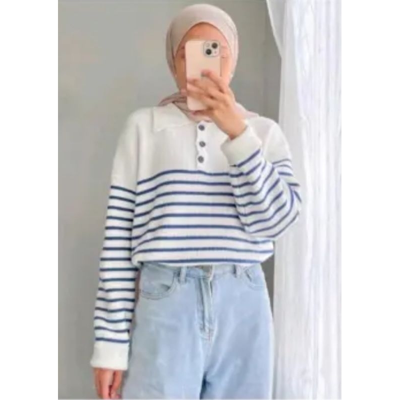 Jual sweater rajut wanita Korean motif garis/Davina sweater rajut ...