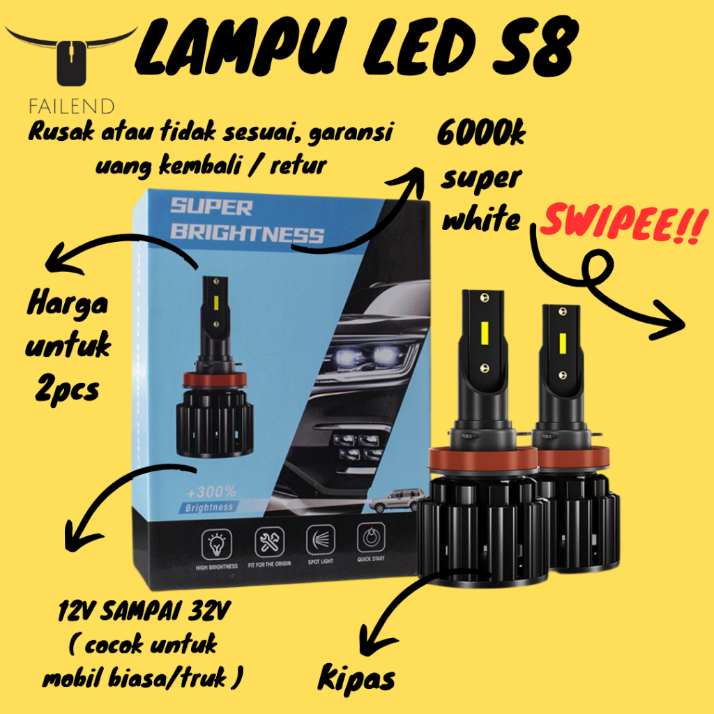 Jual LAMPU LED S8 H4 H11 H8 H9 H16 9005 HB3 9012 HIR2 H1 H7 HEADLAMP ...
