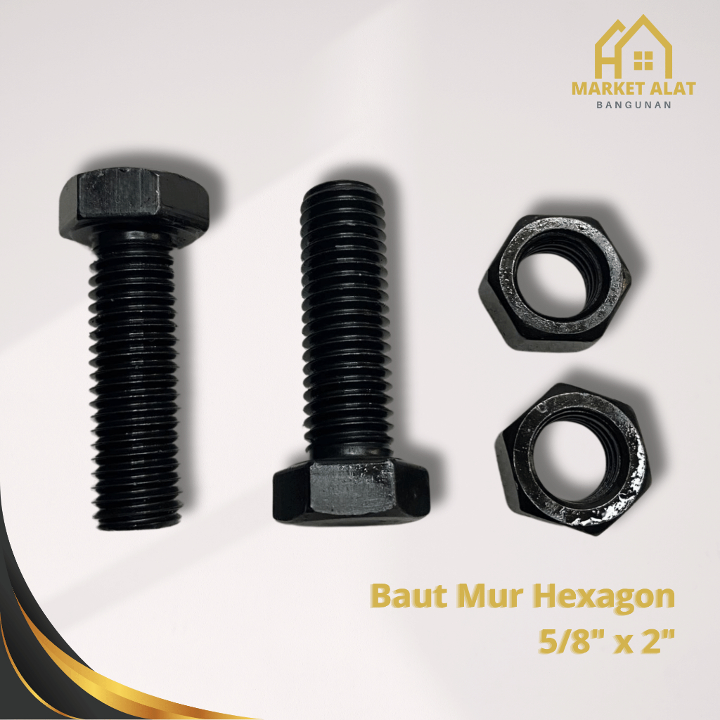 Jual Baut Mur Hexagon 5/8 x 2 UNC Baja Hitam Kunci 24 / Full Set Baut Hex Besi Hitam Drat Kasar ...