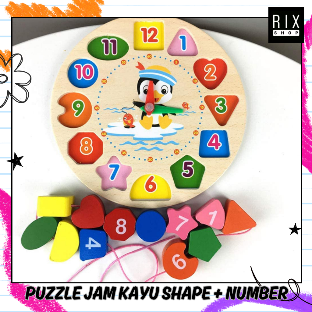 Jual Mainan Anak Puzzle Jam Geometri Block Kayu - Wooden Shape Colour ...