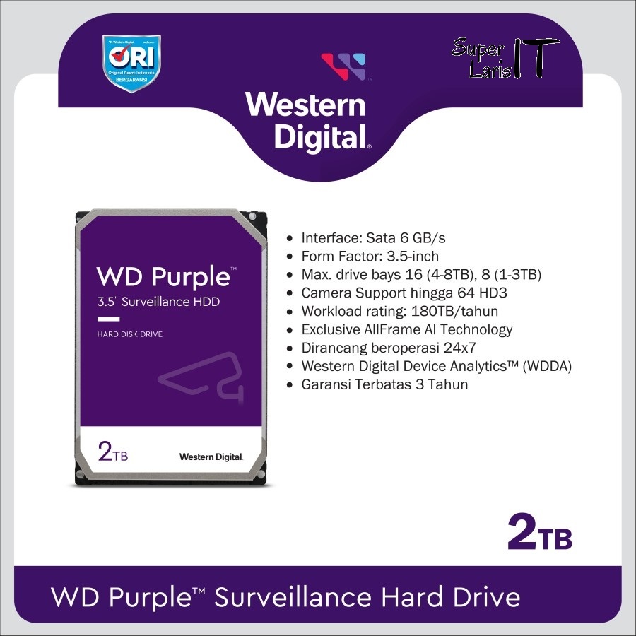 Jual Harddisk HDD Internal WD Purple 2TB 3.5" CCTV Surveillance Resmi ...