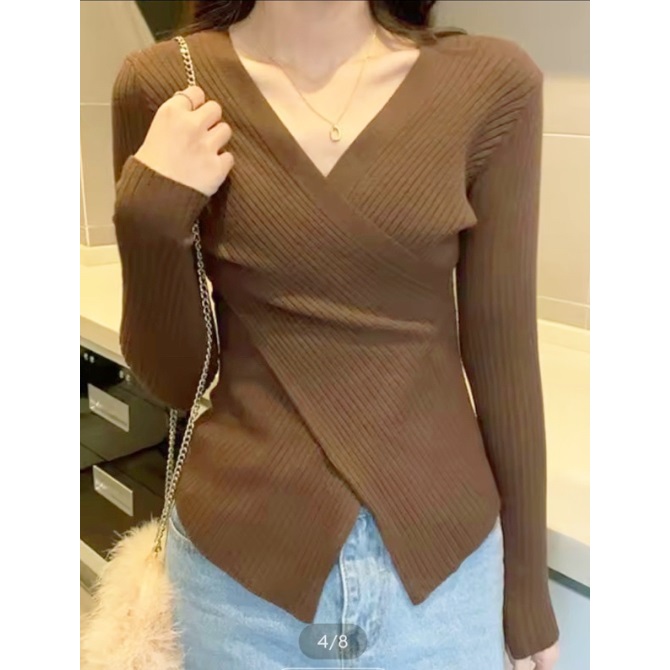 Jual Jiso knit V neck korean style wrap top - Eliza Knit Sweater Atasan rajut wanita lengan ...