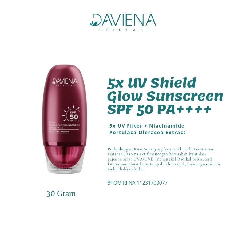 Jual DAVIENA SKINCARE 5X UV Sheild Glow Sunscreen SPF50 PA++ | Shopee ...