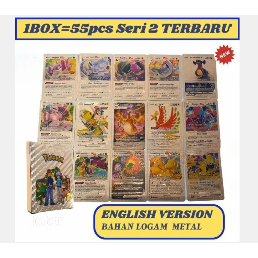 Jual Kartu Pokemon 1 box 55pcs Charizard Pikachu cards Bahan Metal Emas Silver Bahasa English ...