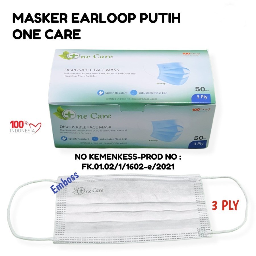 Jual MASKER ONE CARE 3PLY EARLOOP BIRU POLOS TANPA EMBOSS ISI 50PCS ...