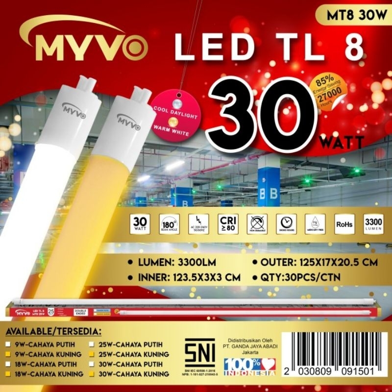 Jual MYVO LAMPU TL T8 LED 30W 30 Watt Putih cdl 6500k dan Kuning ww 3000k - Panjang 120cm ...