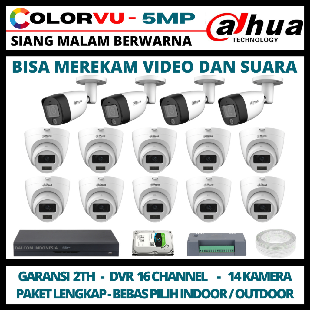 Jual PAKET CCTV DAHUA COLORVU 5MP 16 CHANNEL 14 KAMERA | Shopee Indonesia