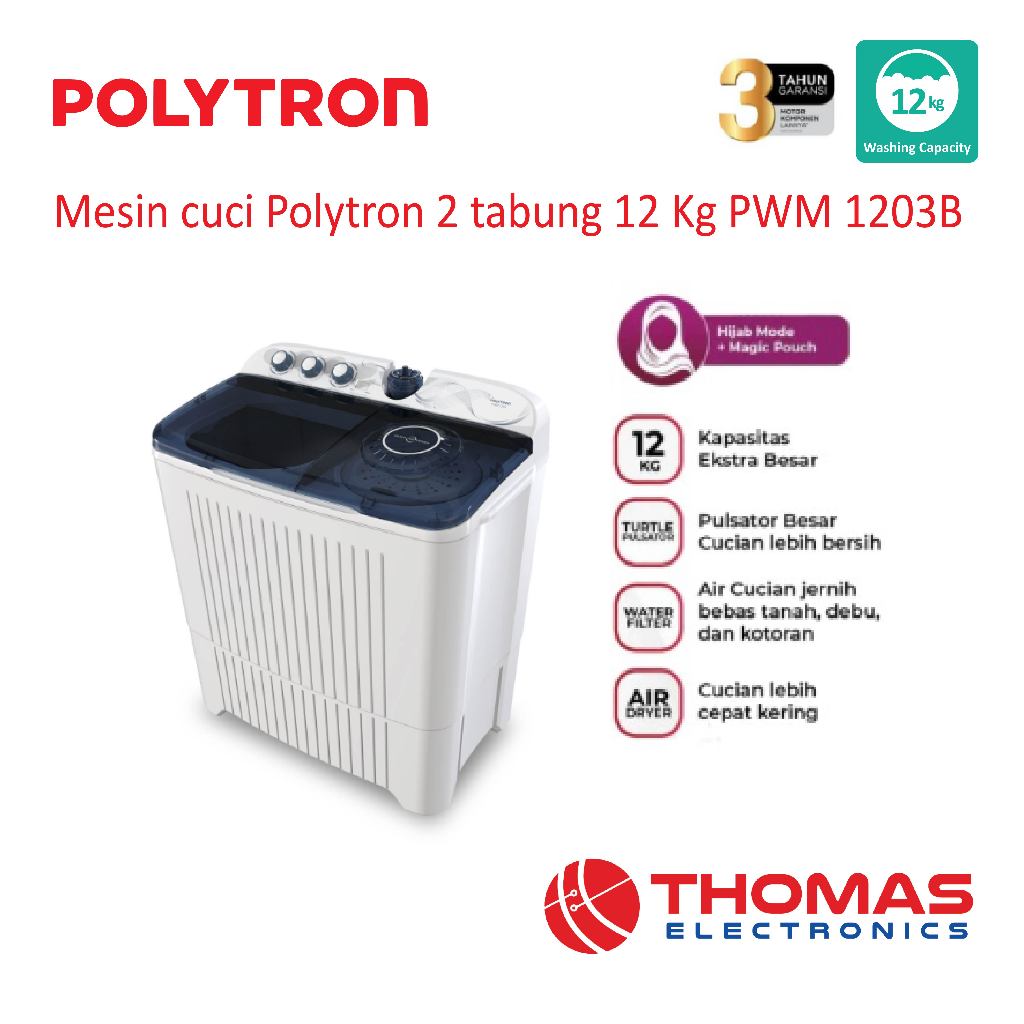 Jual Mesin Cuci Polytron 2 Tabung 12 Kg PWM 1203B 1203 B Garansi Resmi ...