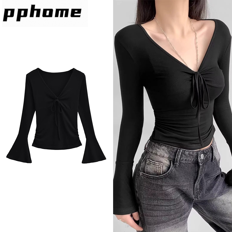 Jual Atasan kaos lengan panjang desain tali V-neck hitam untuk wanita ...