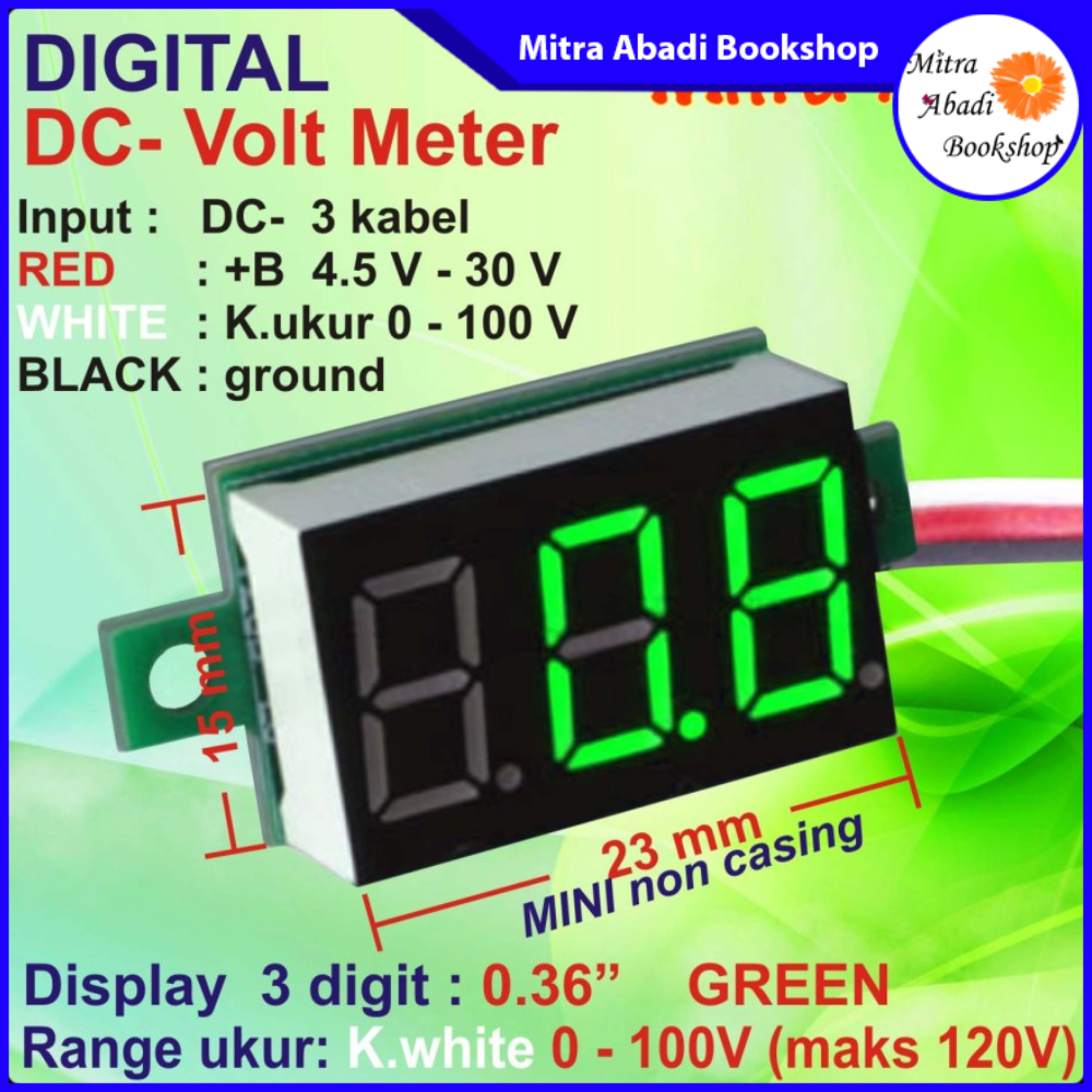 Jual Voltmeter DC 0V-100V 0,36 inch Hijau/Green (3 Kabel) Tanpa Frame ...
