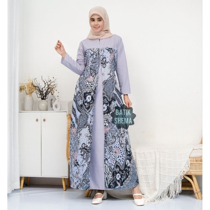 Jual GAMIS BATIK KOMBINASI TERBARU GAMIS SABRINA UNGU MUDA | Shopee ...