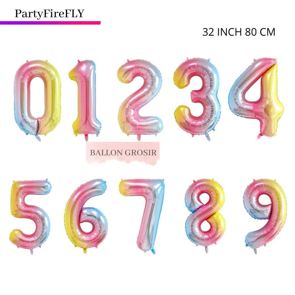 Jual Balon Foil Angka warna Rainbow Jumbo Ukuran 80 cm 32 Inch 0-9 ...