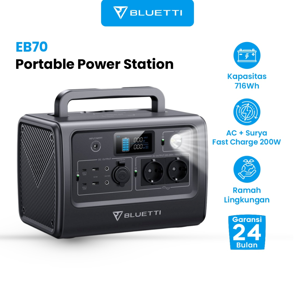 Jual Power Station Portable BLUETTI EB70 1000W Genset Portable 716Wh 10Port | Shopee Indonesia
