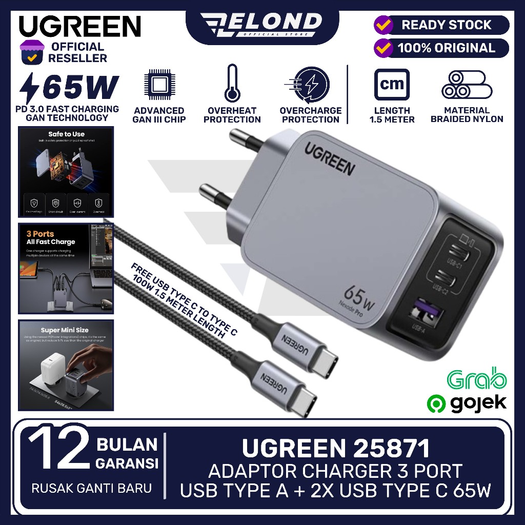 Jual Ugreen Adaptor Charger 65w Nexode Pro 3 Port Gan Usb A Dual Usb