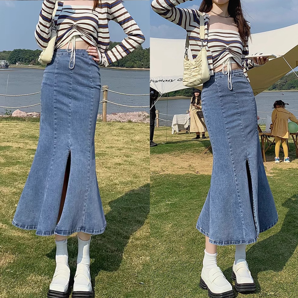 Jual Rok midi A-line denim Korea style wanita denim Highwaist Rok Jeans ...