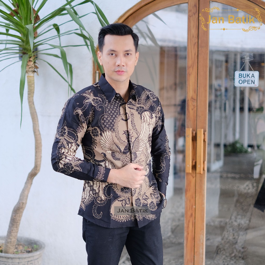 Jual kemeja batik pria lengan panjang baju atasan modern slim fit ...