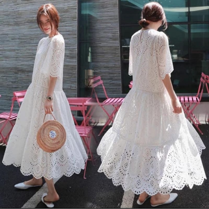 Jual 14017 ESTONIA LACE MAXI DRESS BROKAT KATUN BOLONG PUTIH RENDA OOTD ...