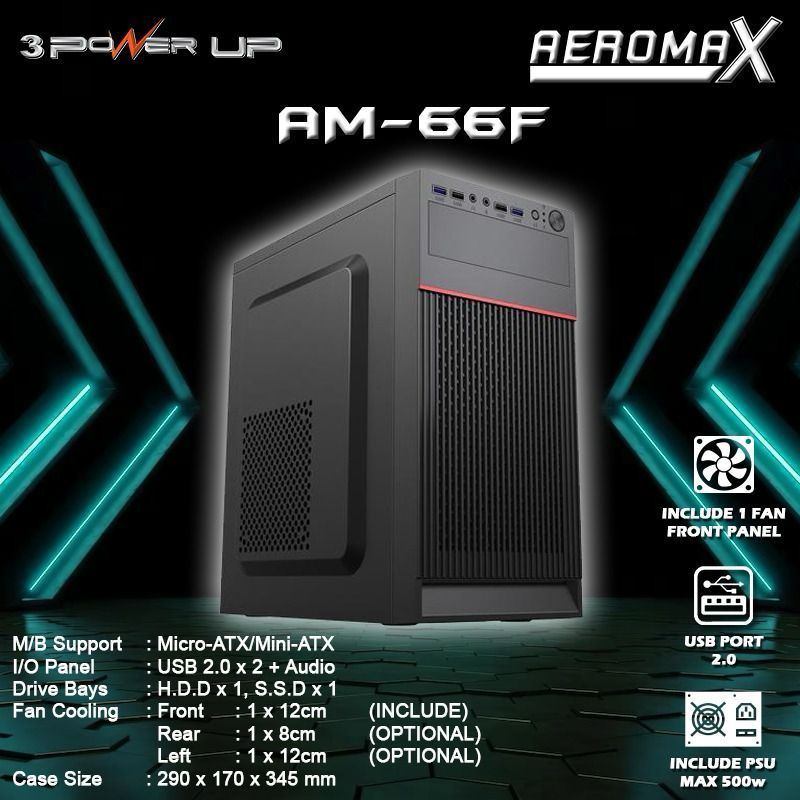 Jual Casing PC Power Up Aeromax AM-66F With PSU 500W - Micro ATX ...