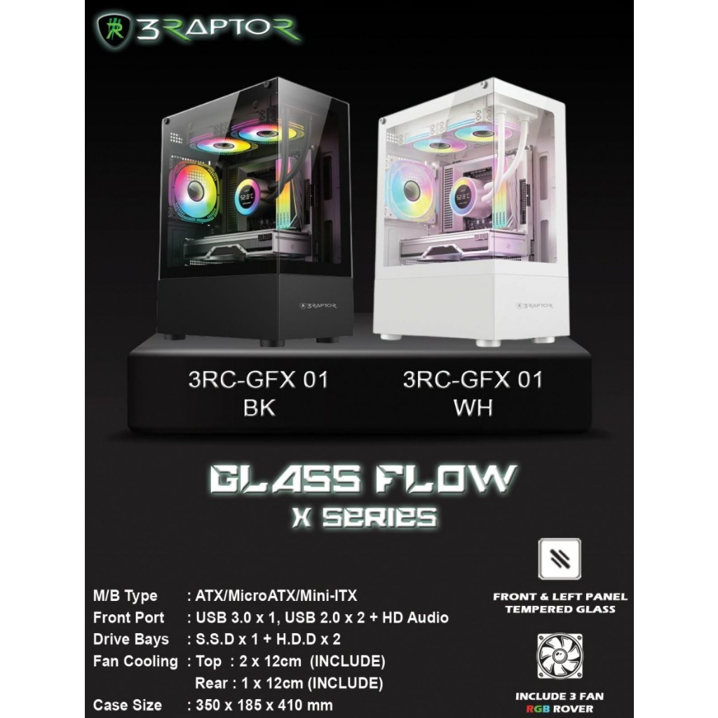 Jual Casing Gaming Raptor Glass Flow X Black Series FREE 3 FAN RGB ...