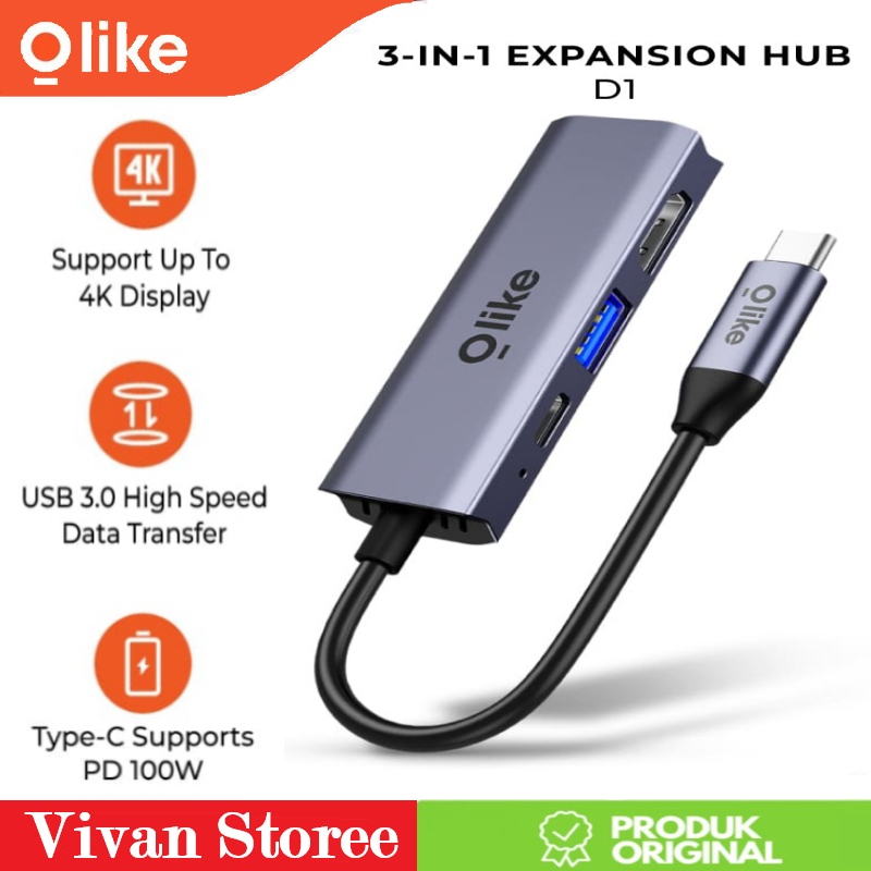 Jual OLIKE D1 Adapter USB HUB 3 IN 1 Type-C TO HDMI 4K & USB 3.0 High ...