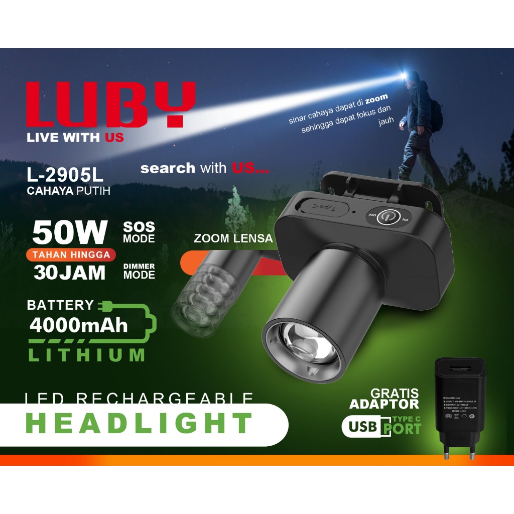 Jual Senter Kepala LUBY Zoom New Item !!, 50Watt di lengkapi adaptor ...
