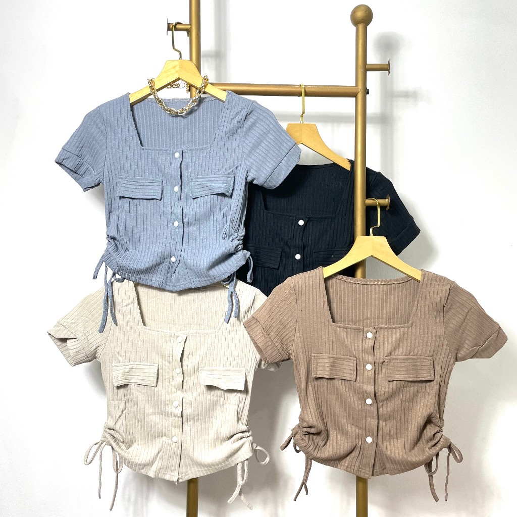 Jual Blouse Knit Serut Samping Wanita / Atasan Square neck Button Rib ...