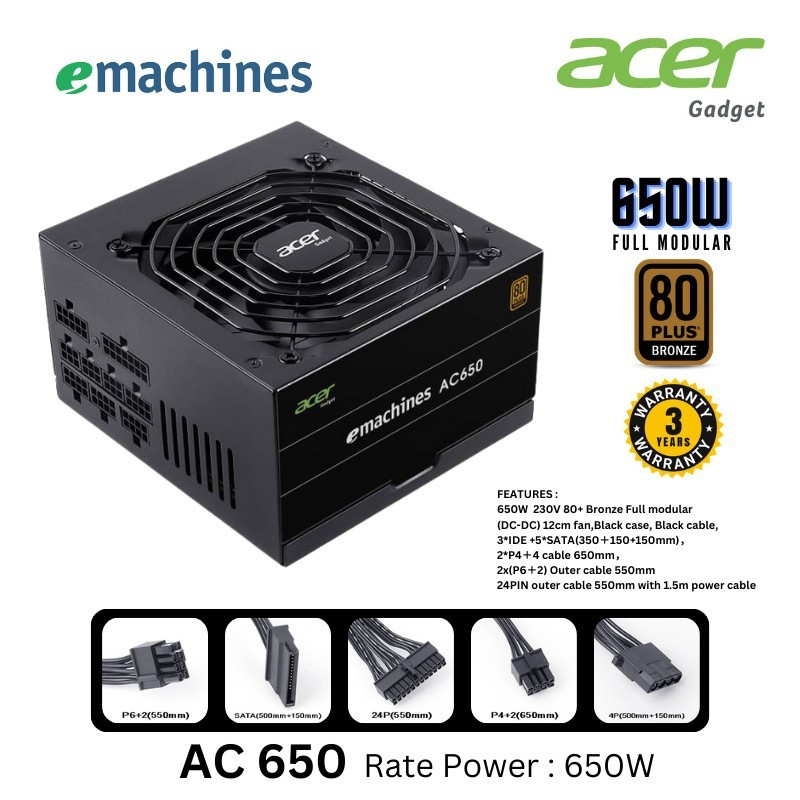 Jual Power Supply PSU Gaming 650W 80+ Bronze Full Modular Acer AC 650 ...