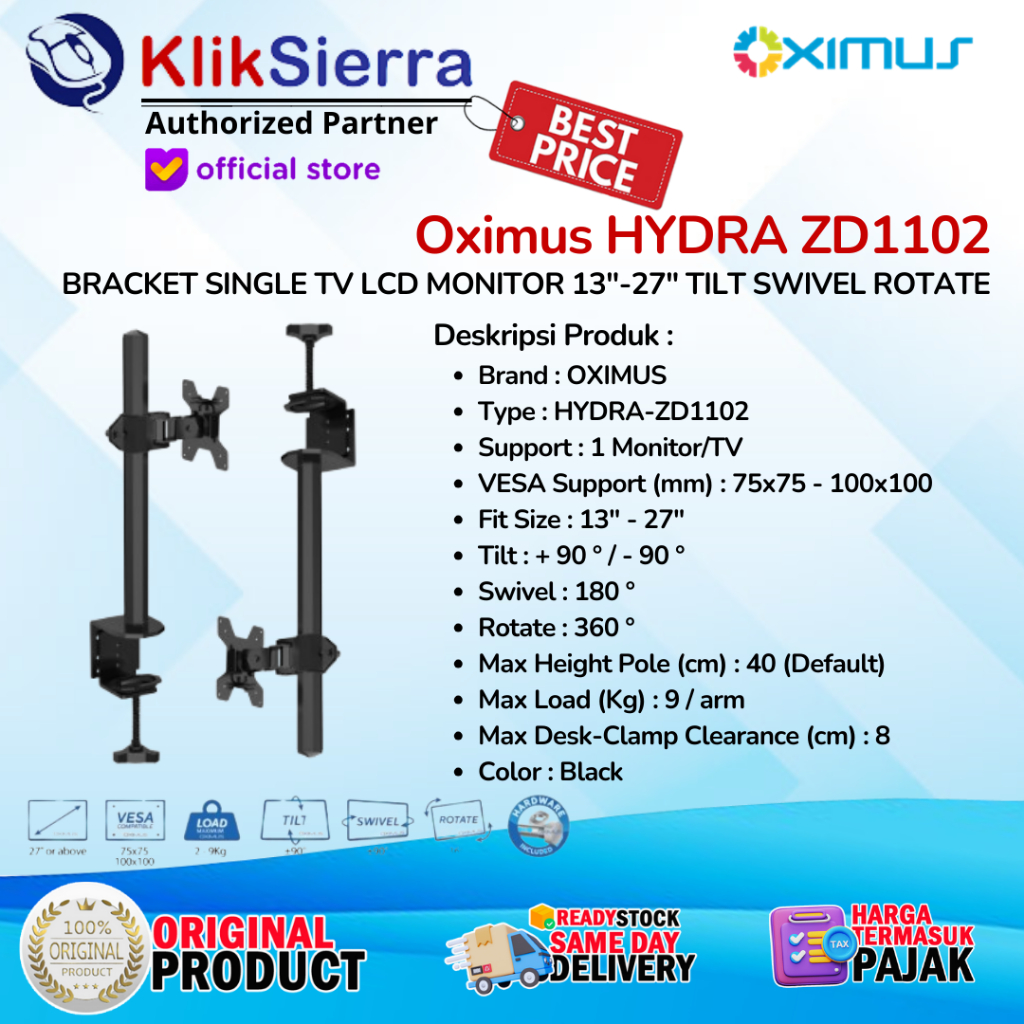 Jual OXIMUS HYDRA ZD1102 - BRACKET SINGLE DESK CLAMP TV MONITOR 13"-27 ...