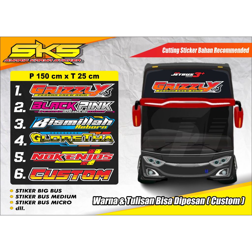 Jual stiker nama julukan bus kaca depan, cutting custom 150cm x 20cm ...